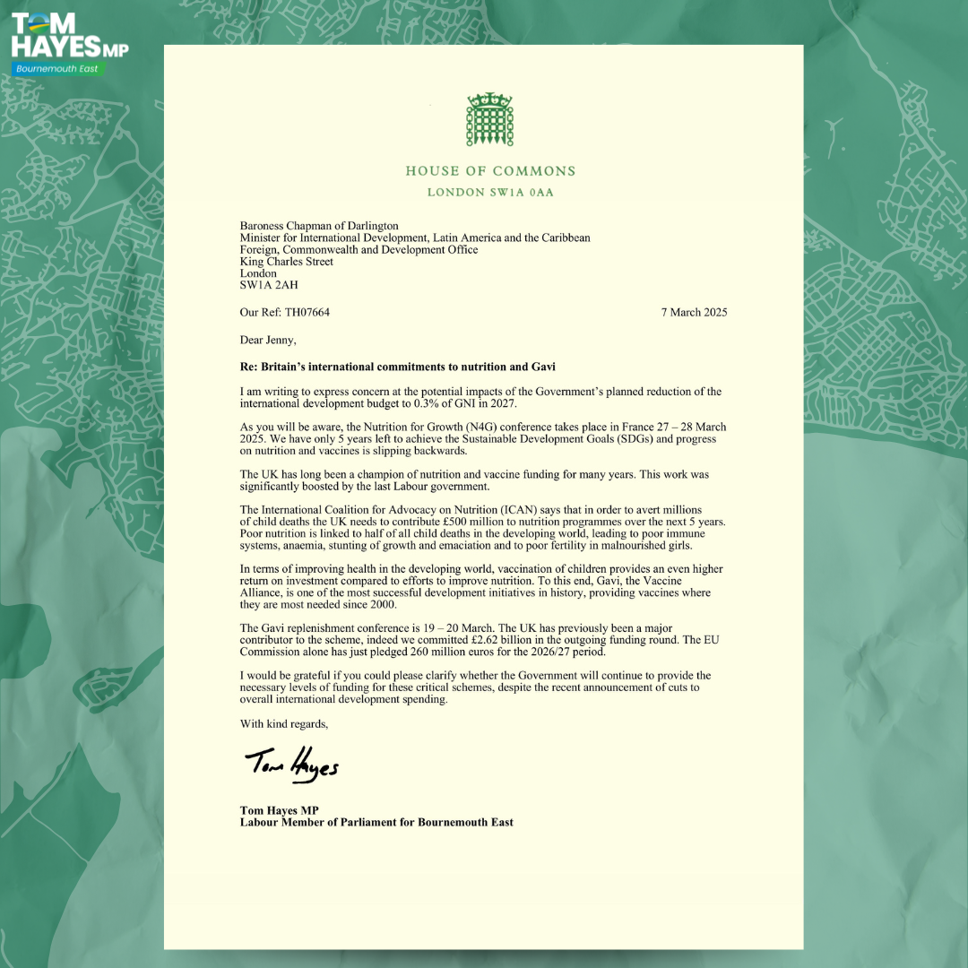 Make Poverty History Letter – Tom Hayes Labour MP Bournemouth East
